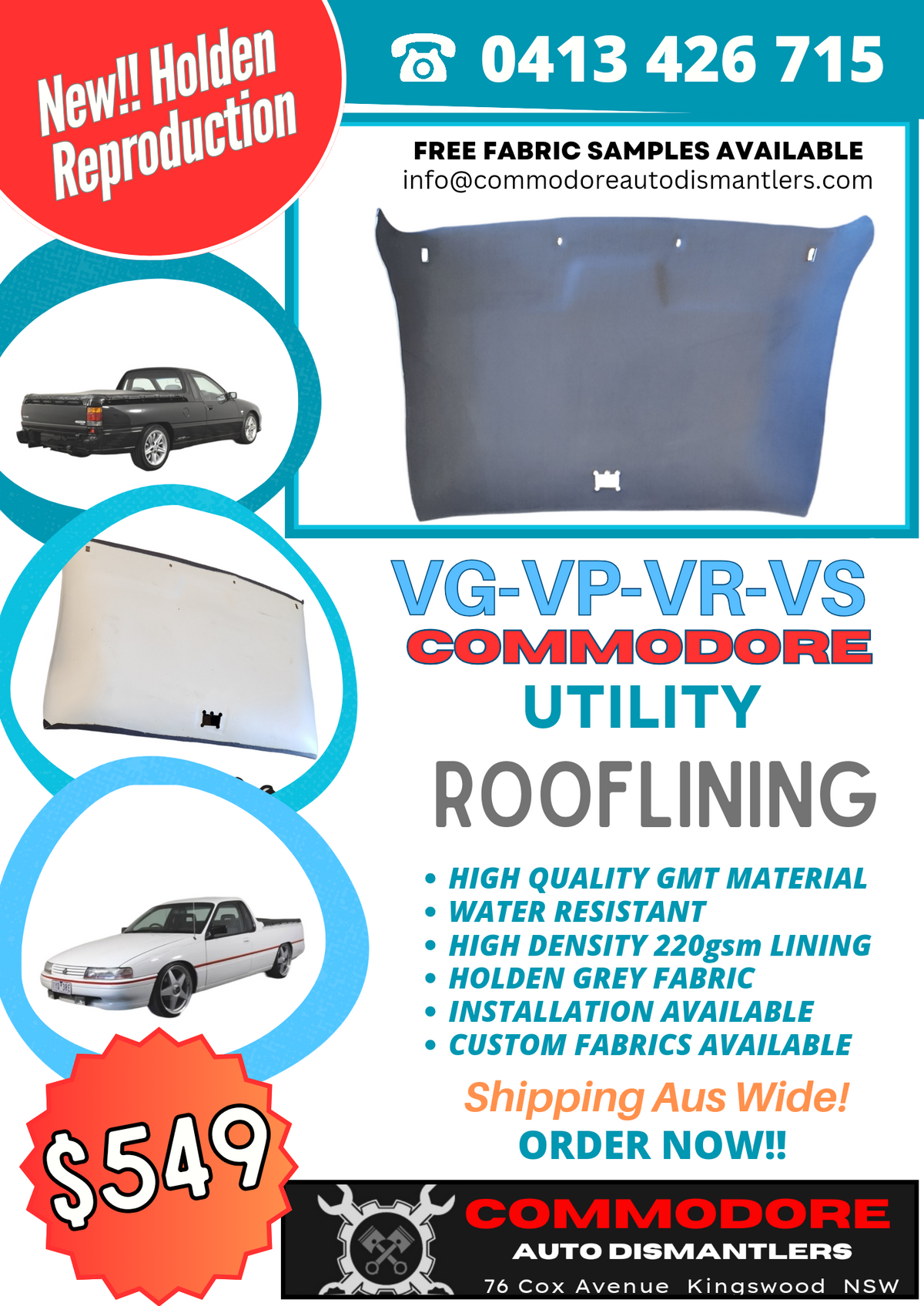 VG, VP, VR & VS Utility Roof Lining *NEW* — Commodore Auto Dismantlers